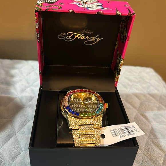 Ed Hardy | Accessories | Nwt Ed Hardy Beautiful Colorful Gold Watch In ...